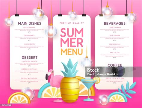 3d 플라스틱 칵테일 파인애플 플라밍고가 있는 레스토랑 여름 메뉴 디자인 벡터 그림 0명에 대한 스톡 벡터 아트 및 기타 이미지 0명 3차원 형태 갈란드 장식품