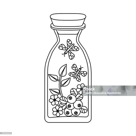 꽃 나방 및 열매가있는 코르크가있는 병 디자인 채색 가방을위한 손으로 그린 삽화의 낙서 0명에 대한 스톡 벡터 아트 및 기타 이미지 Istock