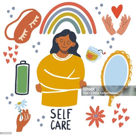 사랑하고 긴장을 풀고 시간을 보내고 느린 삶의 개념을 느낀다 자신을 껴안고 있는 귀여운 소녀 또는 여자 여성 신체 건강 그림 나만의 시간 개념에 대한 스톡 벡터 아트 및