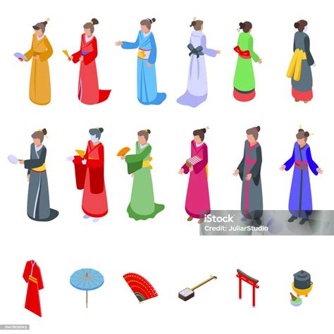 게이샤 아이콘은 아이소 메트릭 벡터를 설정합니다 일본 소녀 3차원 형태에 대한 스톡 벡터 아트 및 기타 이미지 3차원 형태 게이샤 기모노 Istock