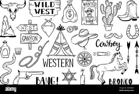 Wild West Doodle Cowboy Accessories Hat And Weapon Western Style
