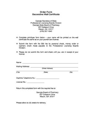 Fillable Online Decorative Wall Certificate Order Form Pdf Georgia