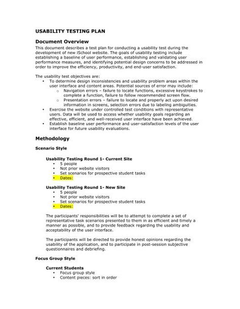 Usability Testing Plan Document Overview Methodology
