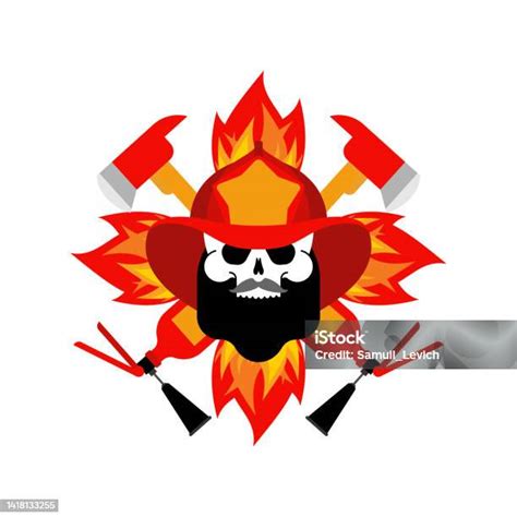 헬멧 표지판에 소방관 두개골 불 도끼와 화염 소방서 기호입니다 소방관 엠블럼 구조에 대한 스톡 벡터 아트 및 기타 이미지 구조 도끼 라벨 Istock