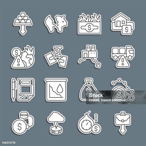 세트 라인 서류 가방 달러 환율 감소 배달 화물 트럭 중지 불타는 달러 지폐 찢어진 돈 지폐 세계 경제 위기 금괴 및 공장 아이콘 종료 벡터 가방에 대한 스톡 벡터 아트 및