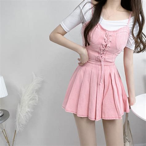 데님set예쁜핏 A라인 플리츠 청 스커트 아일렛 크롭 탑 데님 나시 뷔스티에 투피스 세트