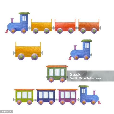 흰색 배경에 격리된 어린이 나무 기차 세트의 수채화 그림 보육원 어린이 방 장식 친환경 소재 어린이 장난감 인쇄 포스터 배경 장식 벽지 포장 0명에 대한 스톡 벡터 아트 및