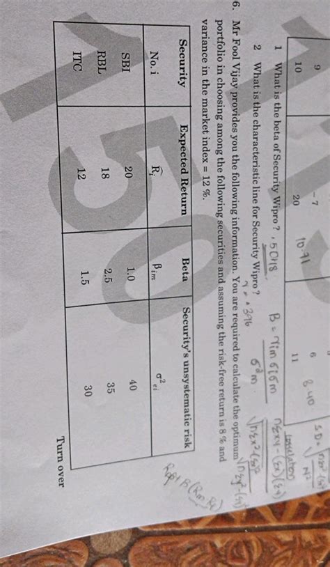 1 What Is The Beta Of Security Wipro 2 What Is The Characteristic Line For Security Wipro 6 Mr