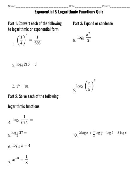 exponential and logarithmic functions quiz worksheet pdf