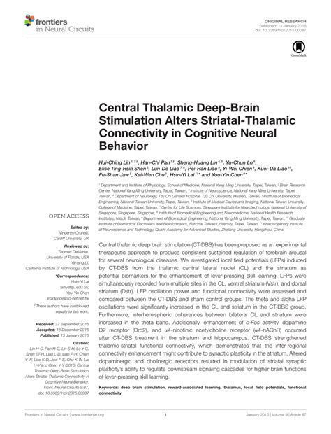 Pdf Central Thalamic Deep Brain Stimulation Alters Striatal Thalamic Connectivity In Cognitive