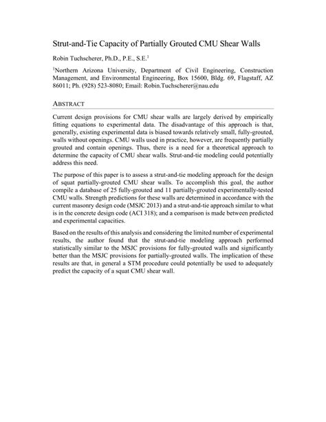 Pdf Strut And Tie Capacity Of Partially Grouted Cmu Shear Walls