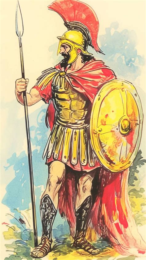 스파르타 왕 레오니다스가 창과 방패를 들고 서 있는 Hd 배경화면 시대를 초월한 신화 스타일 헬레니즘 예술 어두운 크림슨과 흰색의 높은 대비 두꺼운 선 듀오톤