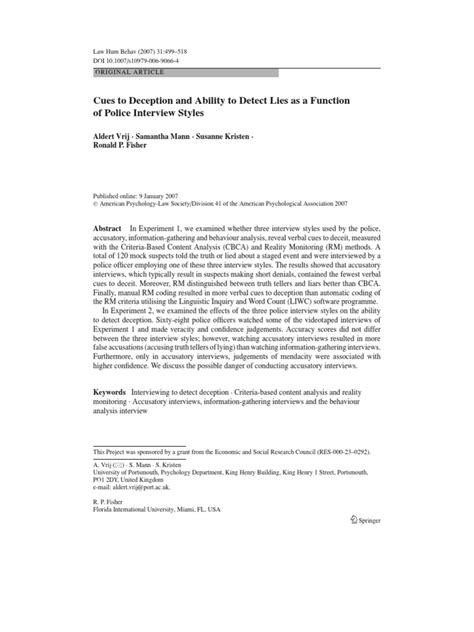 Cues To Deception And Ability To Detect Lies As A Function Of Police Interview Styles Pdf