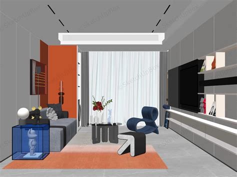 Red And Grey Living Room Idea Sketchup 3d Model Skp File Download