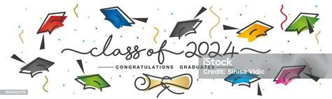 2024년 클래스 손으로 쓴 타이포그래피 레터링 텍스트입니다 졸업장 화려한 색종이 조각과 비행 졸업생 모자가 있는 손으로 그린 디자인 졸업생 축하합니다 흰색 배경의 황금색과