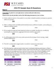 CIS 375 Quiz 3 Questions With Answers Pdf CIS 375 Sample Quiz 3 Questions Name True False 1
