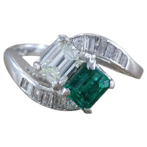Diamond Emerald Platinum Bypass Ring At 1stdibs Emerald Bypass Ring