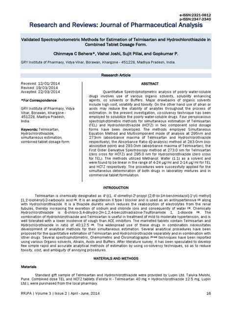 Validated Spectrophotometric Methods For Estimation Of Telmisartan 16 21 Pdf Absorbance