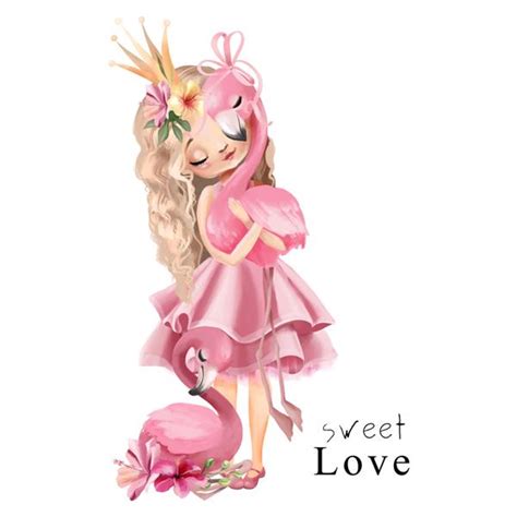 دختر شاهزاده خانم ناز با لباس صورتی و تاج طلایی با فلامینگو و گل 1718244