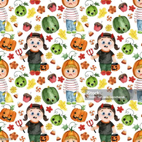 수채화 그림 할로윈 원활한 패턴 할로윈 의상을 입은 귀여운 아이들과 함께 인쇄하십시오 호박 과자 흰색 배경에 가을 잎 10월에