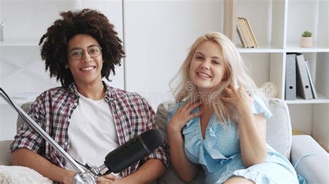 Talk Show Couple Podcast Influencers Conversation Stock Image Image