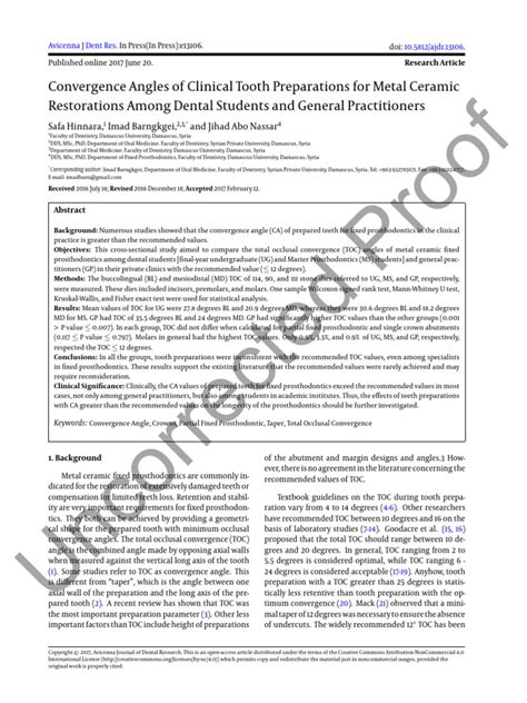 Convergence Angles Of Clinical Tooth Preparations Pdf Dentistry