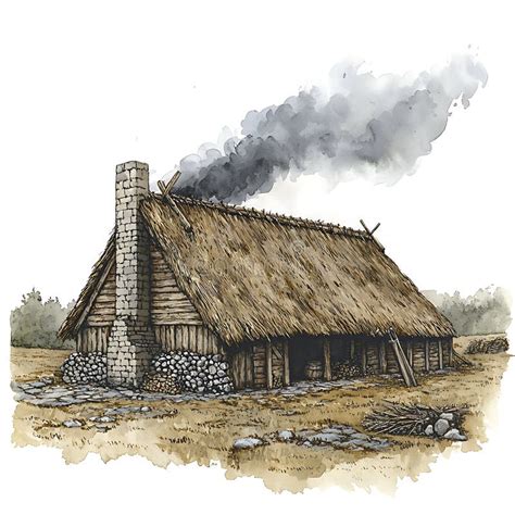 Ancient Thatched Hut With Stone Chimney Emitting Smoke Stock