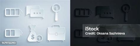 돈 가방과 동전 돋보기 달러 기호 배터리 충전 수준 표시기 서류 가방 말풍선 채팅 및 아이콘을 설정합니다 벡터 3차원 형태에