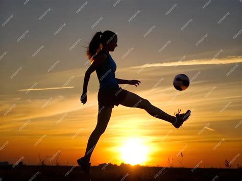 Silhouette Woman Playing Soccer In Field At Sunset Landscape Background