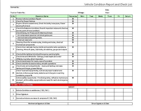 Vehicle Checklist Formformat Excel Pdf Sample