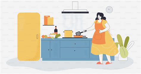 부엌에서 식사를 요리하는 여자 난로를 사용하여 음식을 준비하는 여성 캐릭터 주방 인테리어 플랫 벡터 그림 요리 배너 웹사이트 디자인 또는 랜딩 웹 페이지를 위한