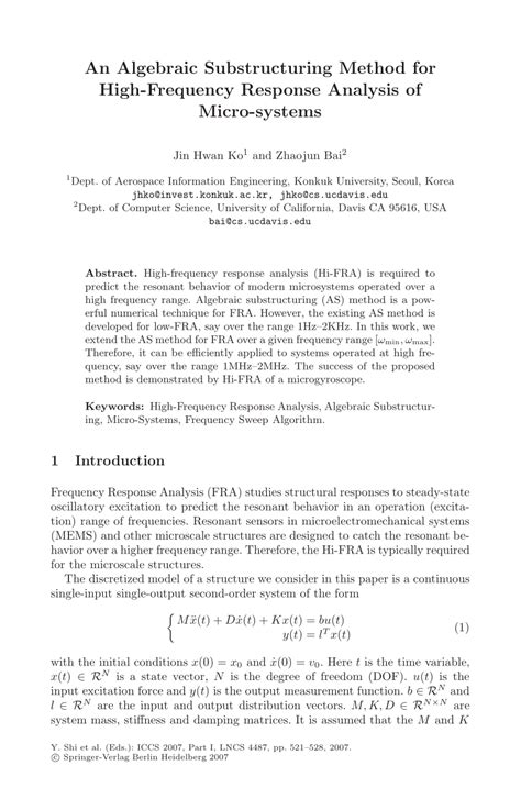 Pdf An Algebraic Substructuring Method For High Frequency Response Analysis Of Micro Systems