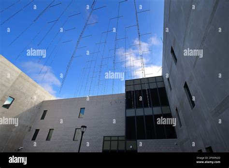 artwork simulating rainfall hangs over a quad at the oregon state