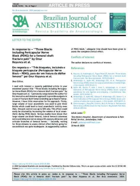 Pdf In Response To “three Blocks Including Pericapsular Nerve Block Peng For A Femoral