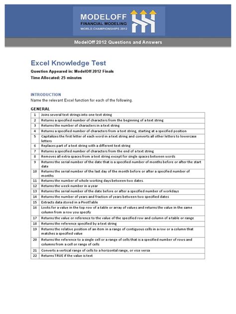 Excel Knowledge Test Modeloff 2012 Questions And Answers Pdf