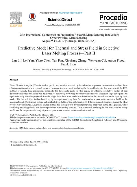 Pdf Predictive Model For Thermal And Stress Field In Selective Laser Melting Process—part Ii