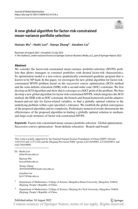 A New Global Algorithm For Factor Risk Constrained Mean Variance Portfolio Selection Request Pdf