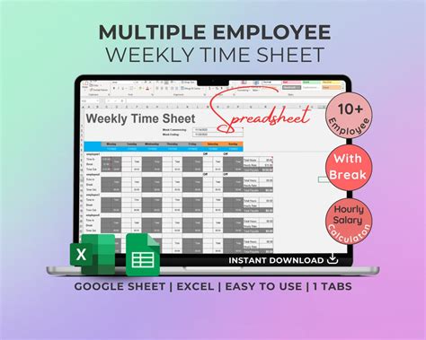 Weekly Timesheet For Multiple Employees Scheduler Spreadsheet With Break Salary Calculator