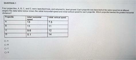 question four projectiles a b and d were launched from and returned to