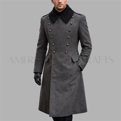 Mens Charcoal Wool Military Greatcoat Double Breasted Long Overcoat