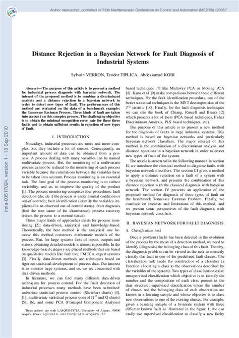 Pdf Distance Rejection In A Bayesian Network For Fault Diagnosis Of Industrial Systems