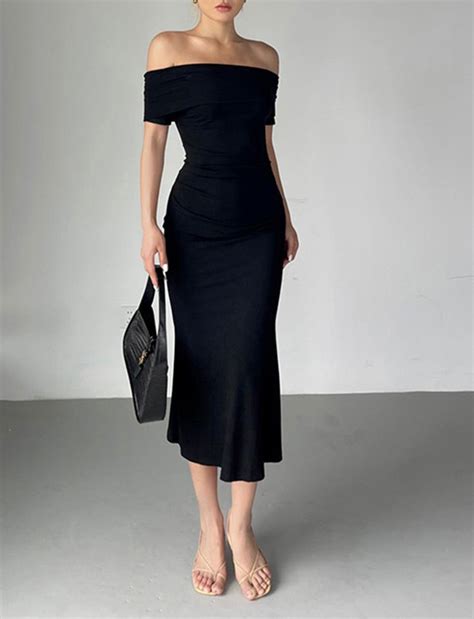 핏무드 당일세일 뮤즈 세미 머메이드 오프숄더 블랙원피스s