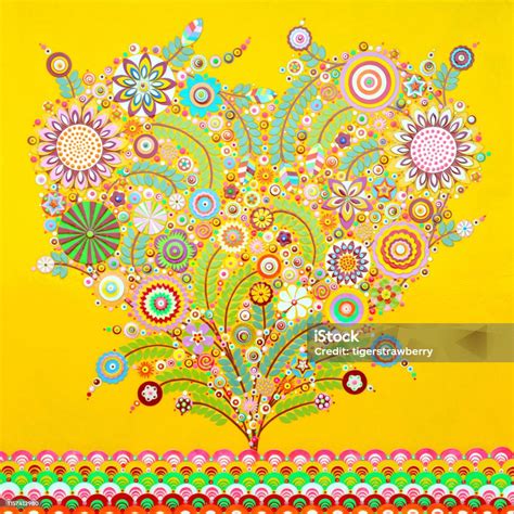 노란색 배경에 마음의 모양의 다양한 꽃과 꽃 정원 예술 꽃과 질감 예술 그림입니다 꽃 예술 구성 3d 페인팅 3 치수 엠보싱 및 조각 독특한 예술 기술 질감이 높은 아트웍