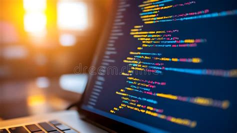 Open Laptop Displaying Programming Code In A Sunlit Office Focusing On