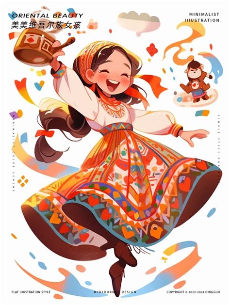 维吾尔族女孩美美扁平民族风文创人物插画 小红书 花瓣网