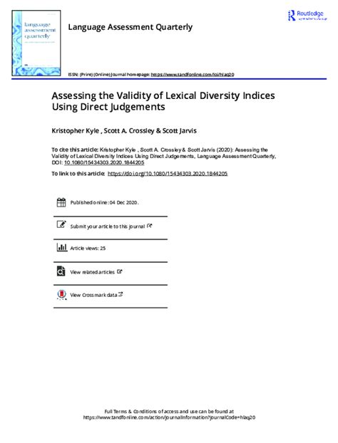 Pdf Assessing The Validity Of Lexical Diversity Indices Using Direct