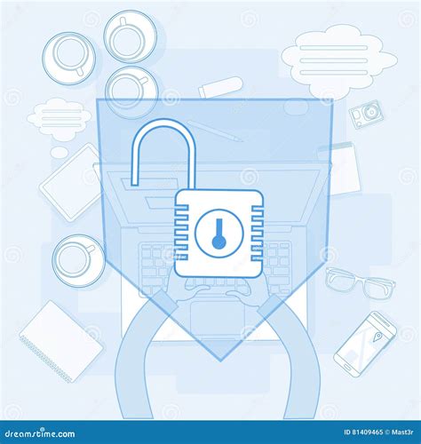 Business Workplace Desk Hands Working Laptop Lock Data Security System Stock Vector