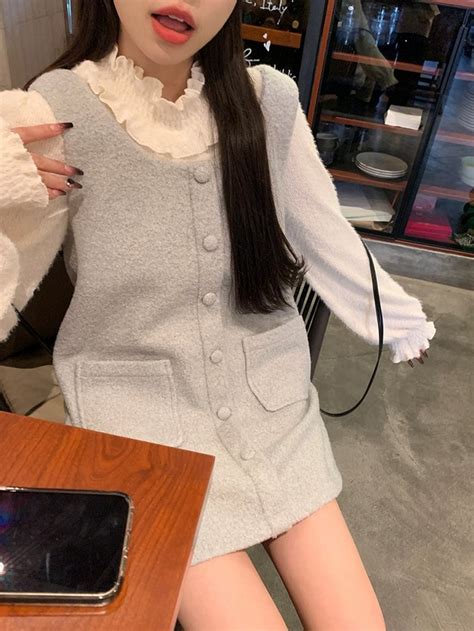 핑크프릴 Set 러블리 프릴 하이넥 긴팔 니트 탑 민소매 나시 모직 미니원피스 투피스세트