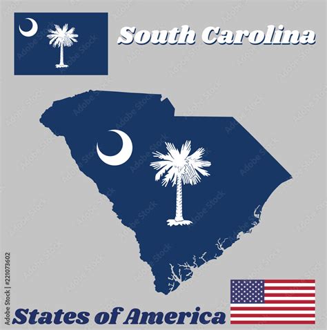 Map Outline And Flag Of South Carolina White Palmetto Tree On An
