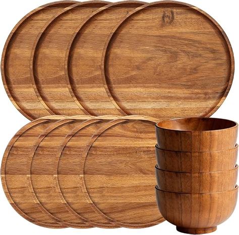 12 Pcs Wood Dinnerware Set 8 Inch 10 Inch Round Wooden